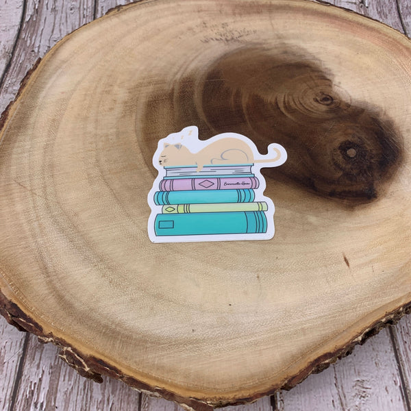 Book Stack Cat Sticker - Author Emmanuelle Snow Bookshop